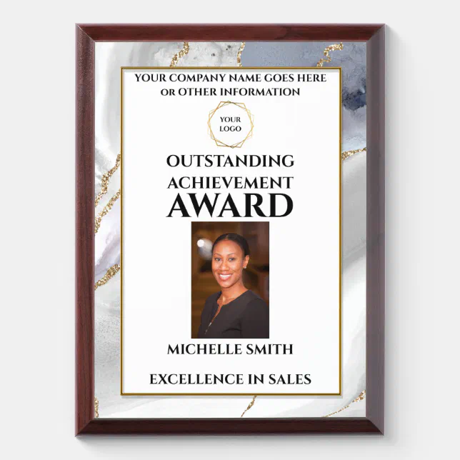 DIY logo employee achievement photo MARBLE gold Award Plaque | Zazzle