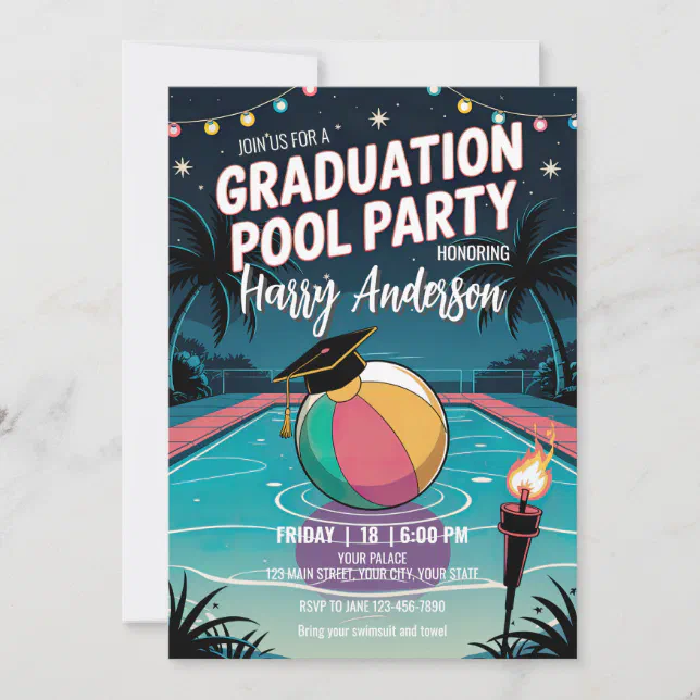 DIY Night Pool Graduation Party Twinkling Lights Invitation | Zazzle