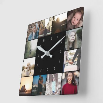 DIY Personalized 12 Photo Collage Template Square Wall Clock | Zazzle