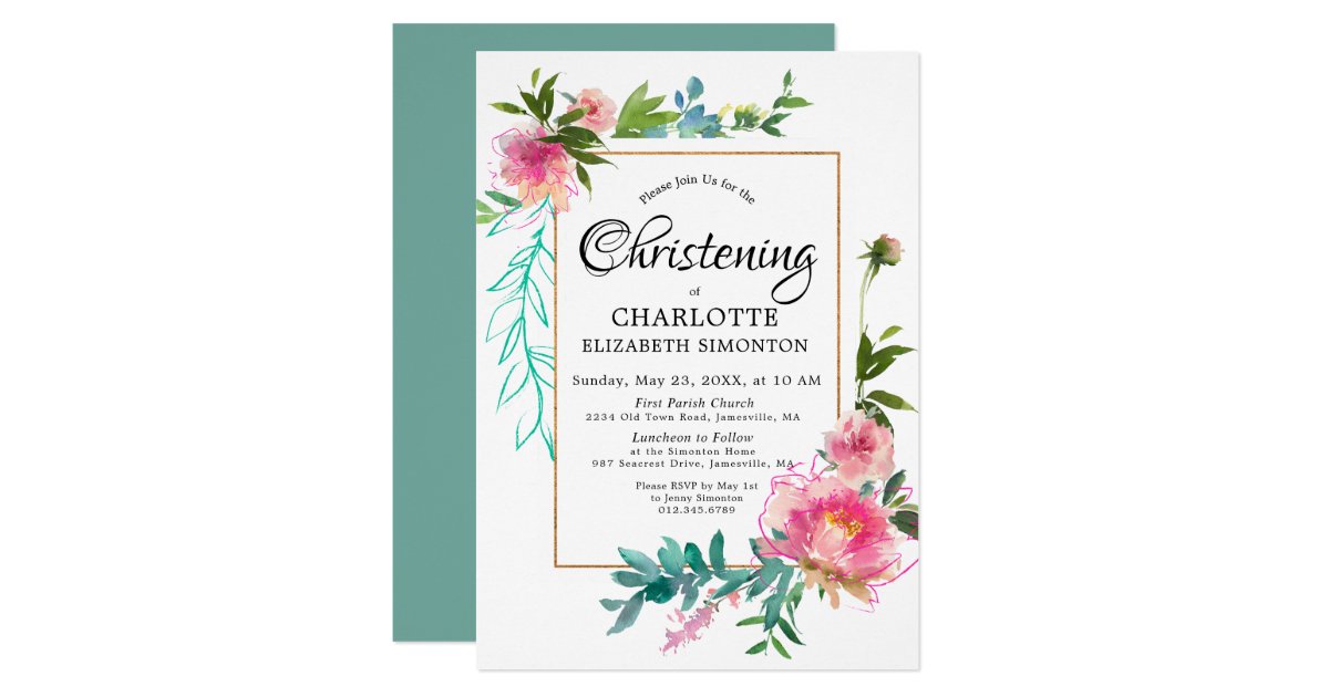 DIY Pink Floral Watercolor Christening Invitations | Zazzle.com