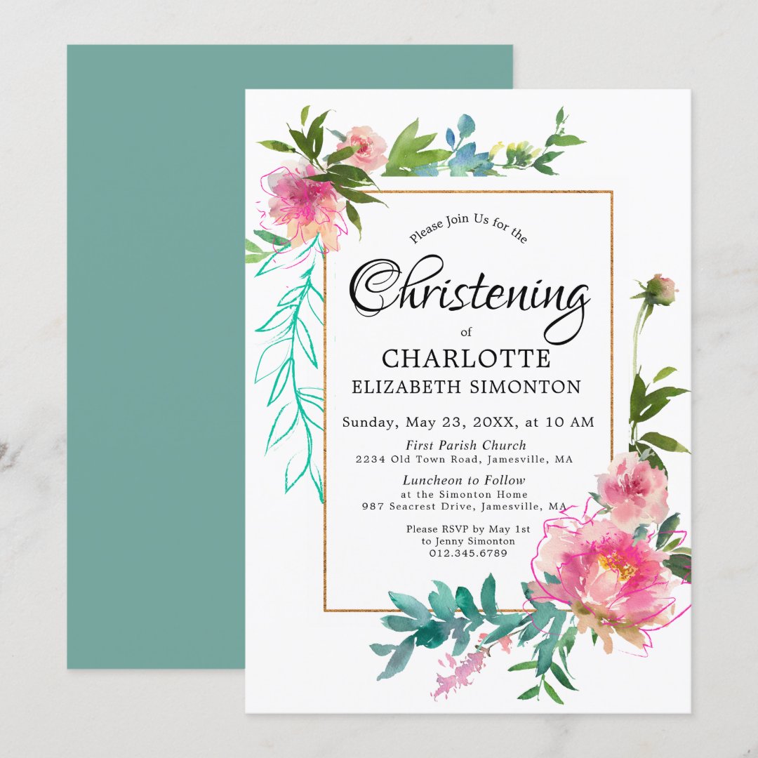DIY Pink Floral Watercolor Christening Invitations | Zazzle