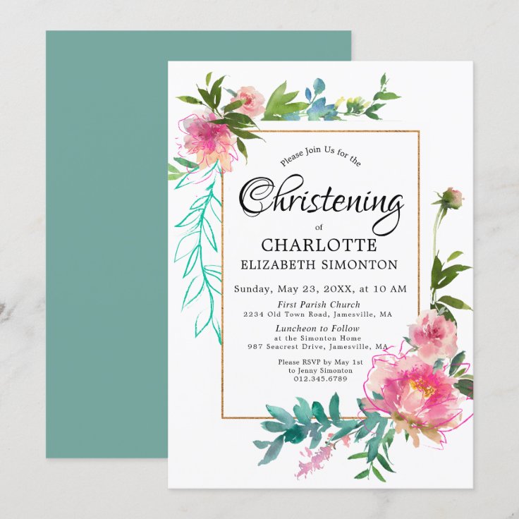 DIY Pink Floral Watercolor Christening Invitations | Zazzle