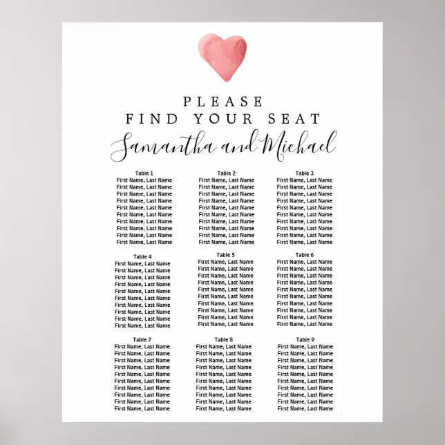 DIY Red Heart 9-Table Wedding Seating Chart | Zazzle