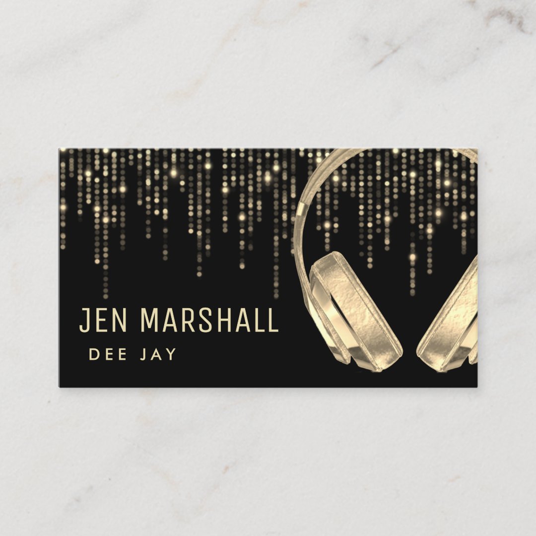 DJ faux gold foil dots rain music headphones Business Card | Zazzle