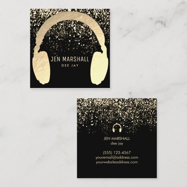 DJ faux gold foil headphones Square Business Card | Zazzle