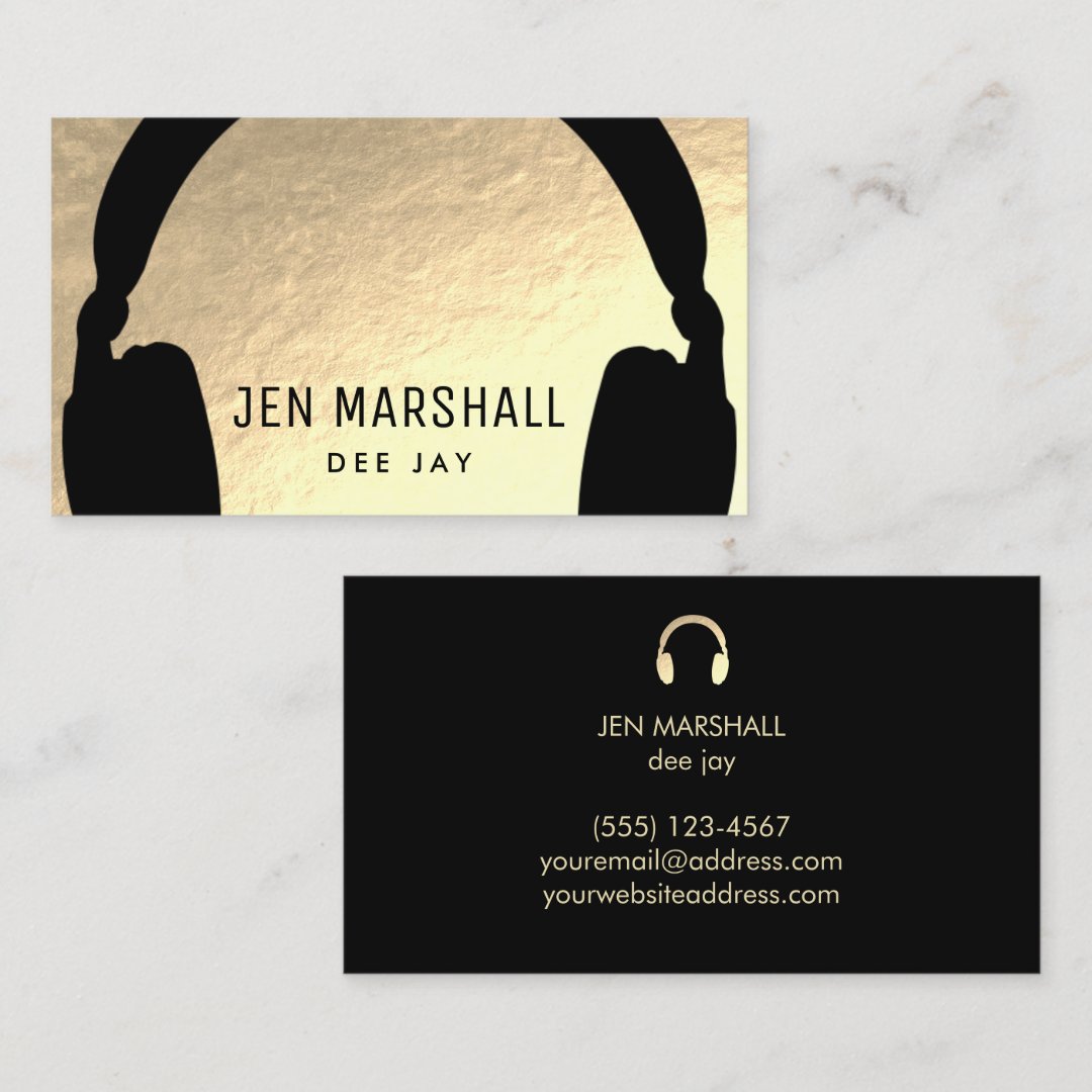 DJ headphones on faux gold foil Business Card | Zazzle