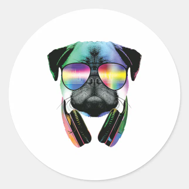 Dj Pug With Headphones And Sunglasses Classic Round Sticker | Zazzle