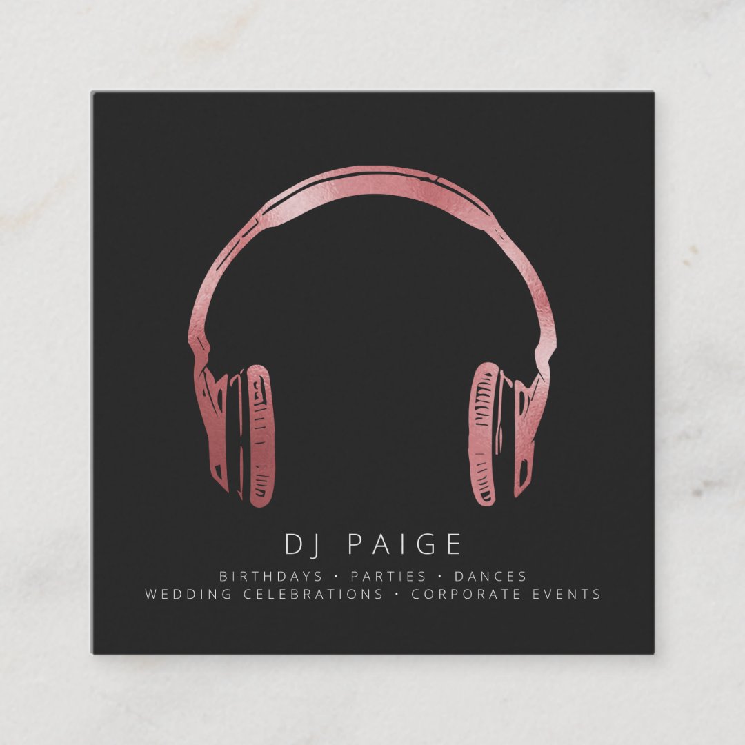 DJ Rose Gold Headphones Logo Black Square Business Card | Zazzle