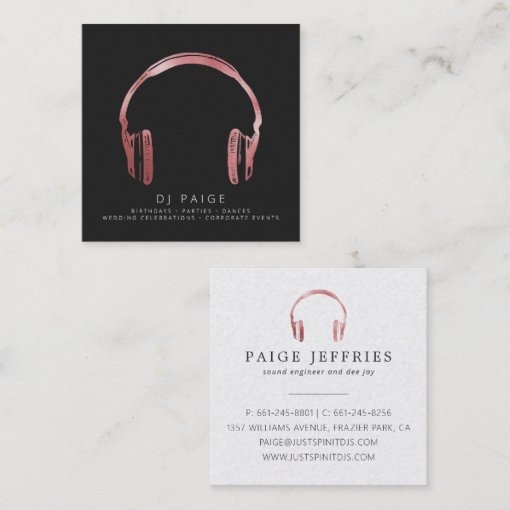 DJ Rose Gold Headphones Logo Black Square Business Card | Zazzle