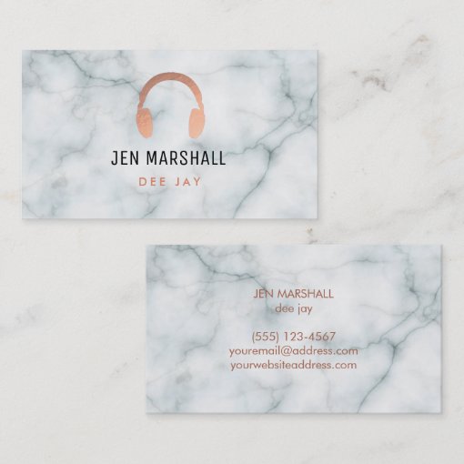 DJ rose gold music headphones on marble Business Card | Zazzle