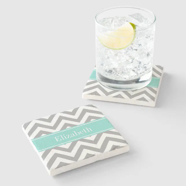 Dk Gray White LG Chevron Turquoise Name Monogram Stone Coaster | Zazzle