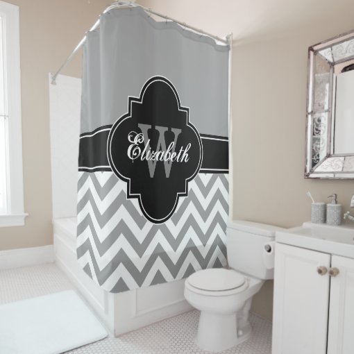 Dk Gray Wht Lg Chevron Black 1icbr Name Monogram Shower Curtain Zazzle