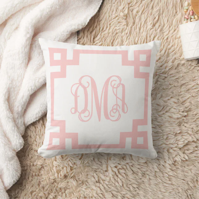 DMA Light Pink Greek Key Script Monogram Throw Pillow | Zazzle