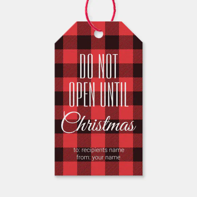 Do Not Open Until Christmas|Red Buffalo Plaid Gift Tags | Zazzle