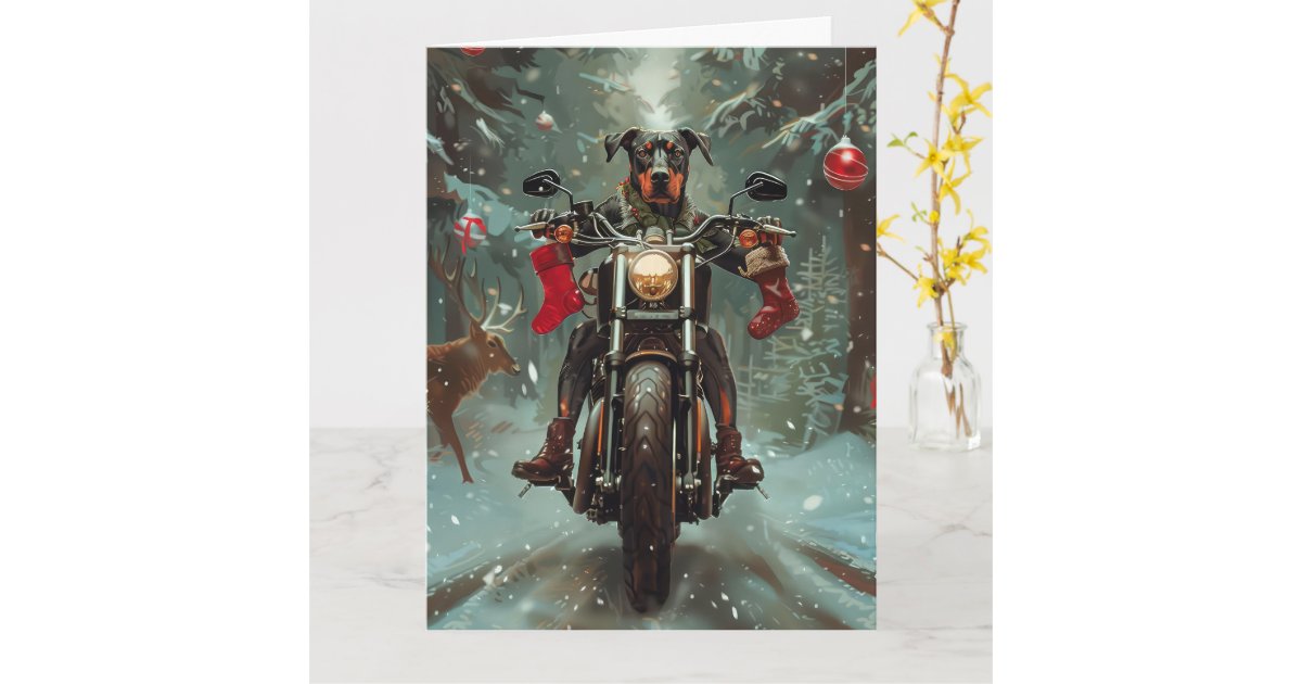 Doberman Dog Riding Motorcycle Christmas Card | Zazzle