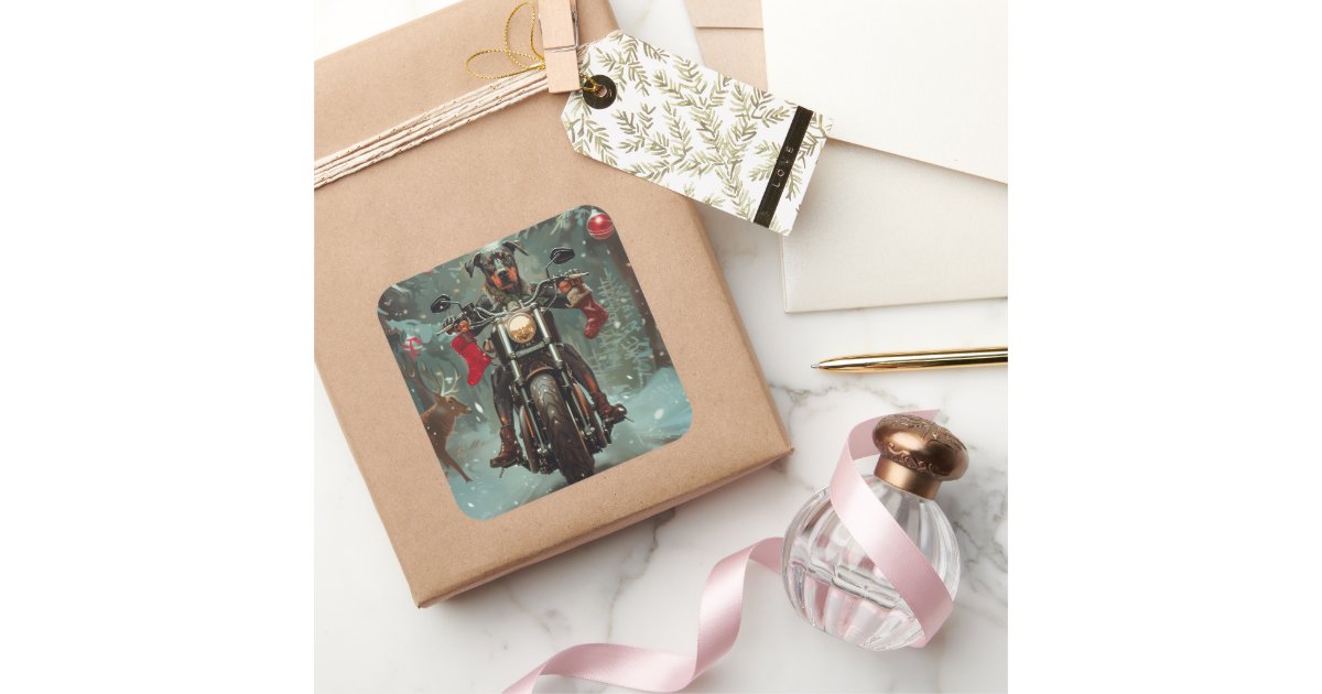 Doberman Dog Riding Motorcycle Christmas Square Sticker | Zazzle