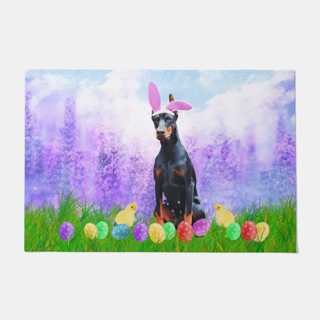Doberman Dog with Easter Eggs Bunny Chicks Doormat | Zazzle