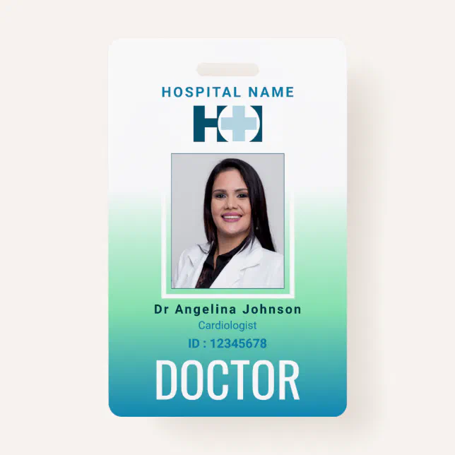 Doctor Identification Blue Green Name and Photo ID Badge | Zazzle