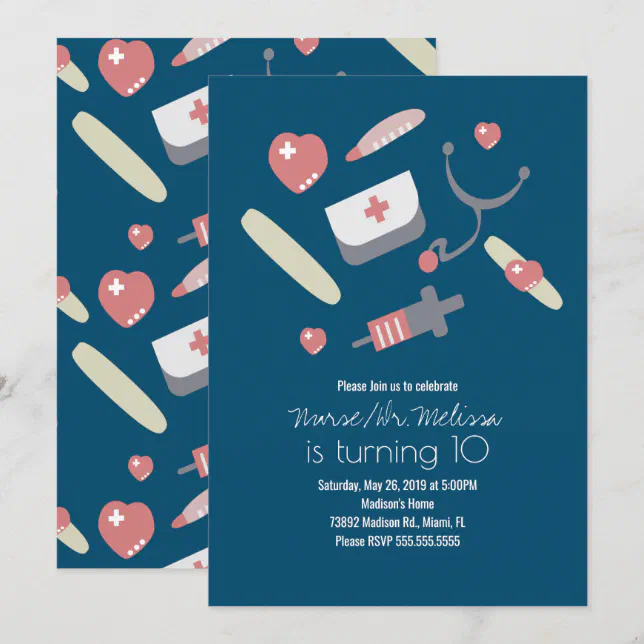 Doctor Nurse Birthday Party Medical Pattern Pink Invitation | Zazzle