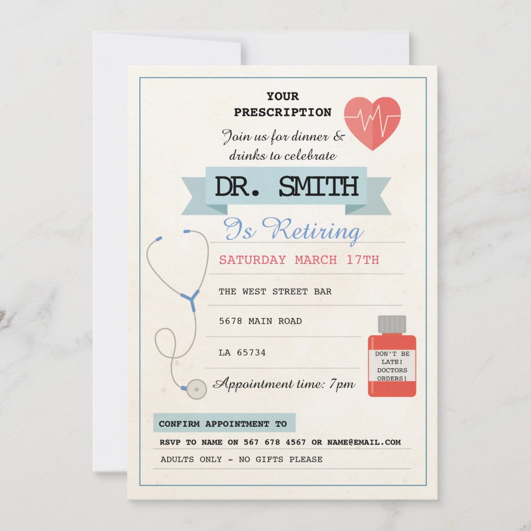 Doctor Prescription Dr. Retiring Party Medical Invitation | Zazzle