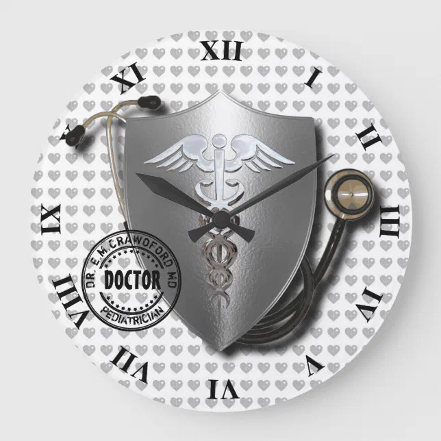 Doctor Symbols Caduceus On Stethoscope And Stamp Large Clock | Zazzle