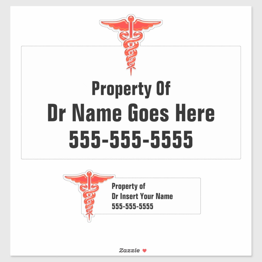 Doctors name property caduceus symbol sticker | Zazzle