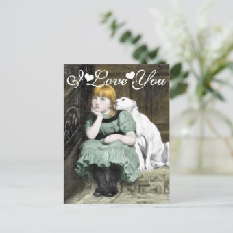 Dog Adoring Girl Victorian Painting I Love You Postcard | Zazzle