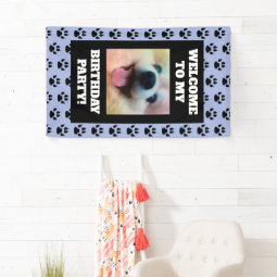 Dog Birthday Party Blue Black Paw Prints Photo Banner | Zazzle