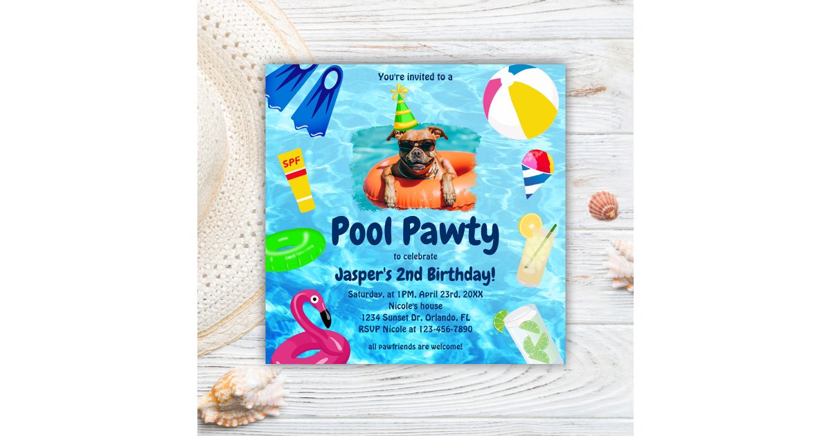 Dog Birthday Pool Party Puppy Pawty Invitation | Zazzle
