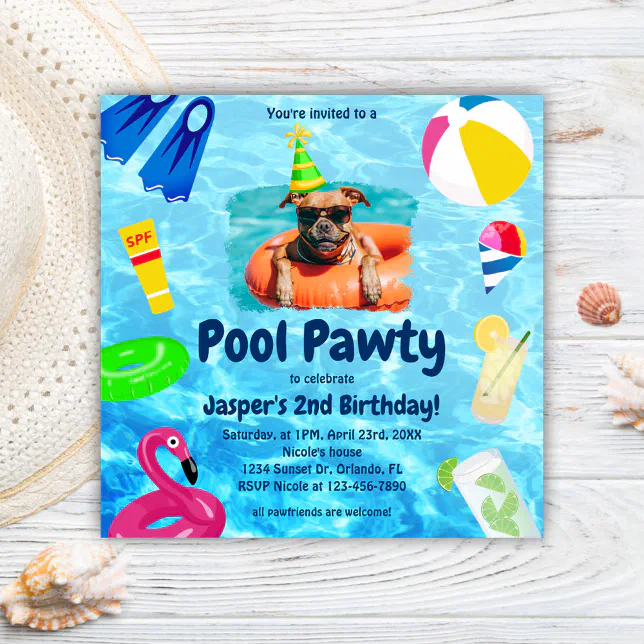 Dog Birthday Pool Party Puppy Pawty Invitation | Zazzle