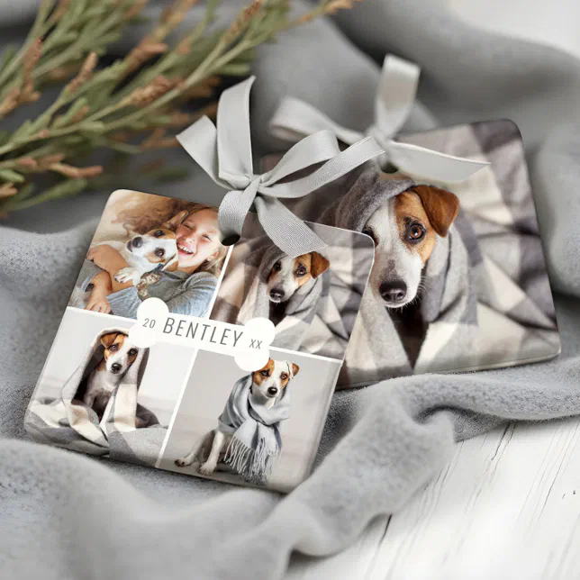 Dog Bone Modern Four Photo Pet Collage Ceramic Ornament | Zazzle