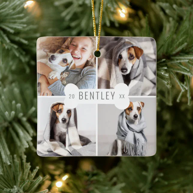 Dog Bone Modern Four Photo Pet Collage Ceramic Ornament | Zazzle