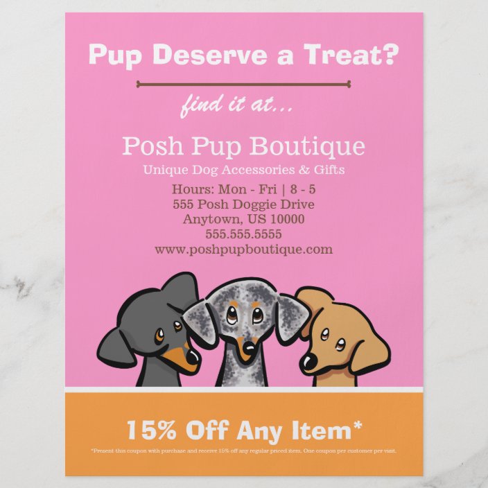 Dog Boutique Shop Three Pups Pink Coupon Ad Flyer | Zazzle