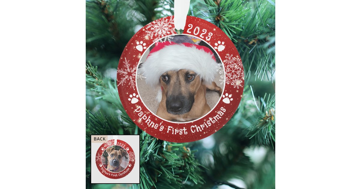Dog Christmas Snowflakes 2 Photo Red White Ornament | Zazzle