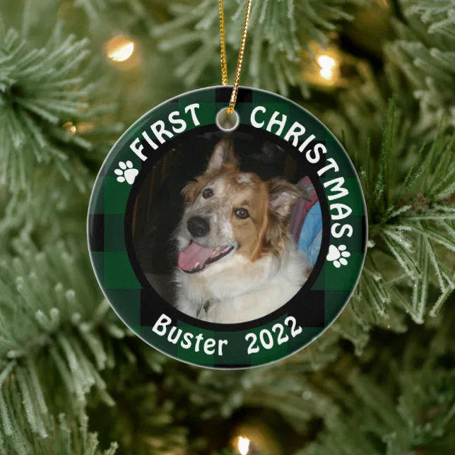 Dog First Christmas 2-Photo Green & Black Plaid Ceramic Ornament | Zazzle