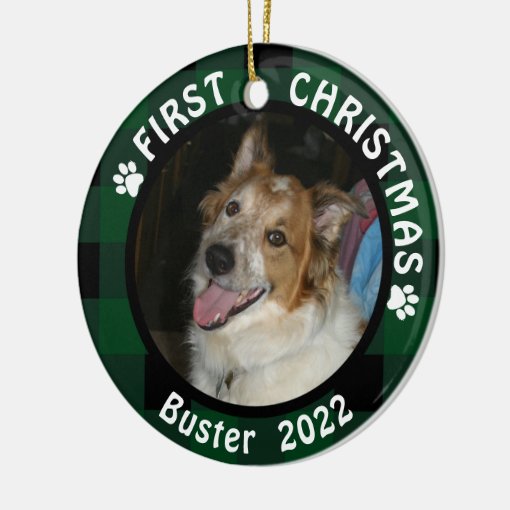 Dog First Christmas 2-Photo Green & Black Plaid Ceramic Ornament | Zazzle