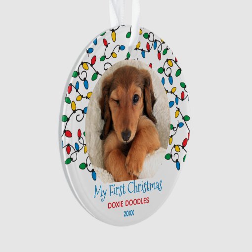 Dog First Christmas Christmas Lights Puppy Photo Ornament | Zazzle