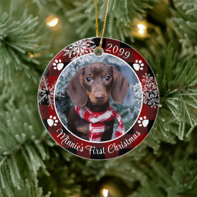 Dog First Christmas Snowflake Photo Red Plaid Ceramic Ornament | Zazzle