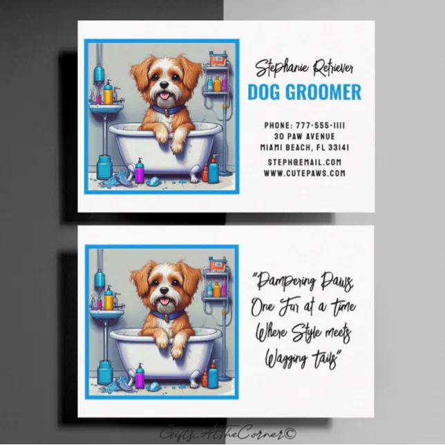 Dog Groomer Cute Puppy Blue Business Card | Zazzle