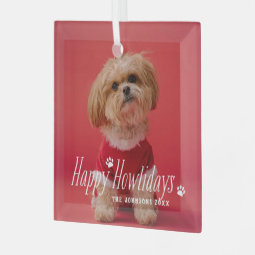 Dog Happy Howlidays Pet Holiday Photo Glass Ornament | Zazzle