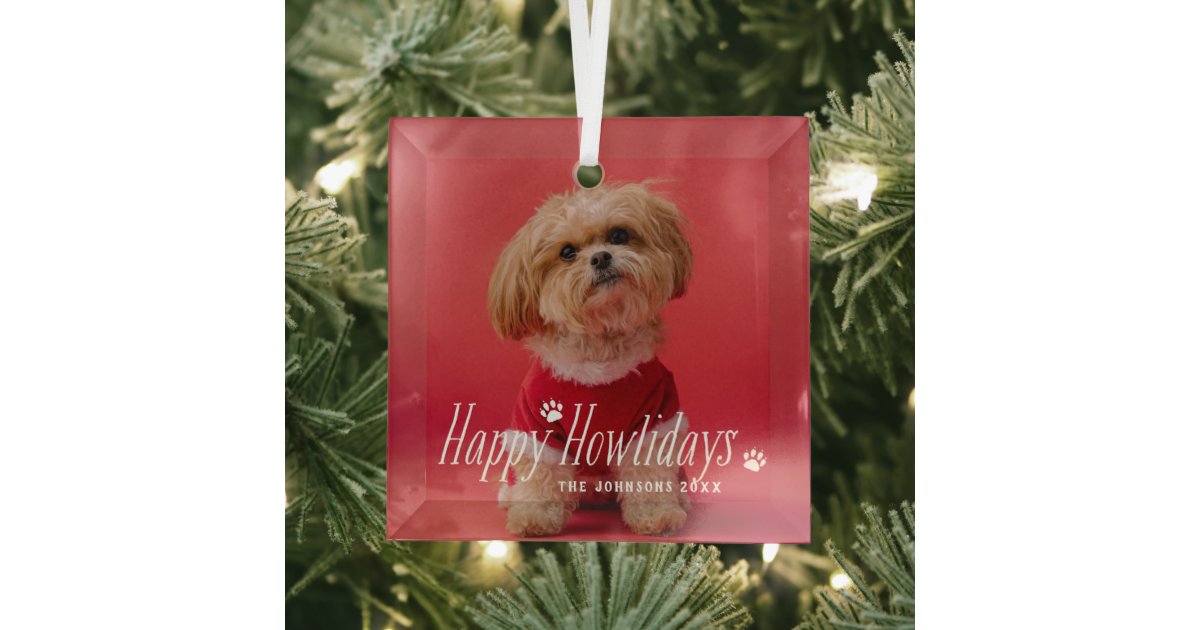 Dog Happy Howlidays Pet Holiday Photo Glass Ornament | Zazzle