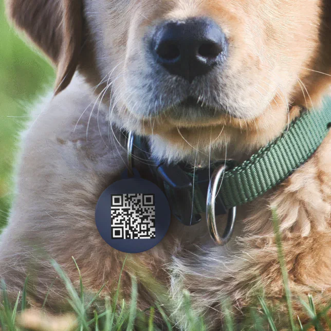 Dog ID QR Code | Navy Blue Scannable If Lost Pet ID Tag | Zazzle