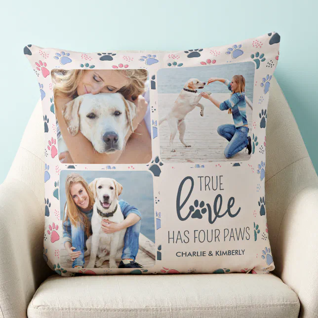 Dog Lover Customized 3 Photo Pastel Paw Print Throw Pillow | Zazzle