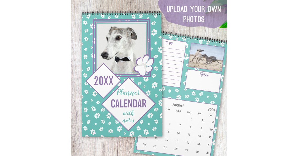 Dog lovers Your own photos Paws on teal Planner Calendar | Zazzle