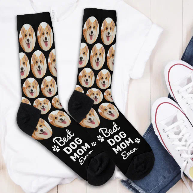 DOG MOM Personalized Cute Pet Photo Novelty Crew Socks | Zazzle