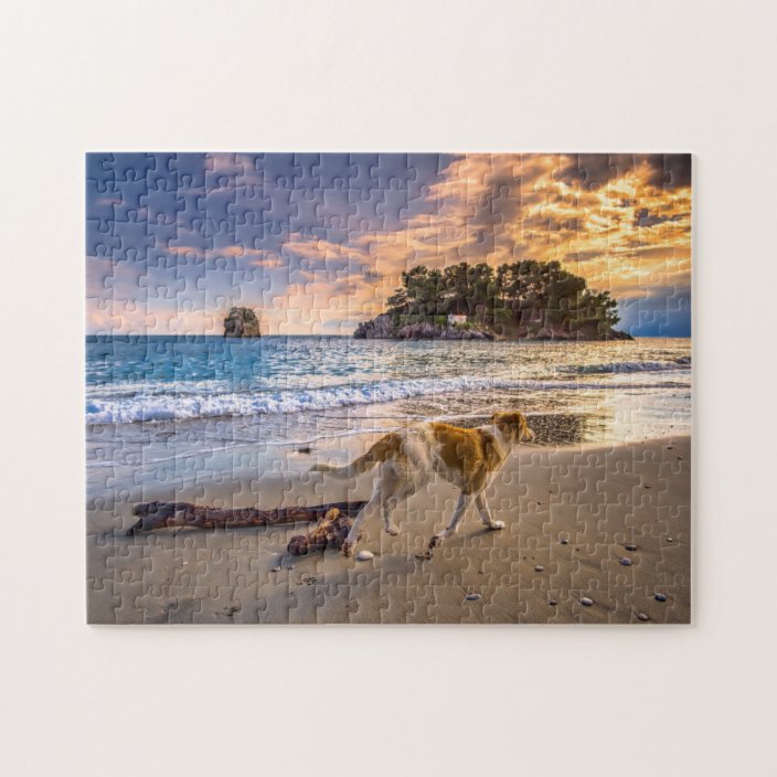 Dog on Beach at Sunset Jigsaw Puzzle | Zazzle.com