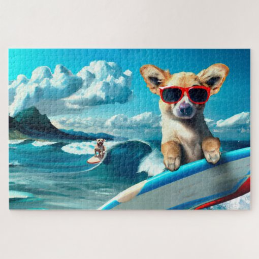 Dog on Surfboard Wearing Sunglasses AI Art Jigsaw Puzzle | Zazzle