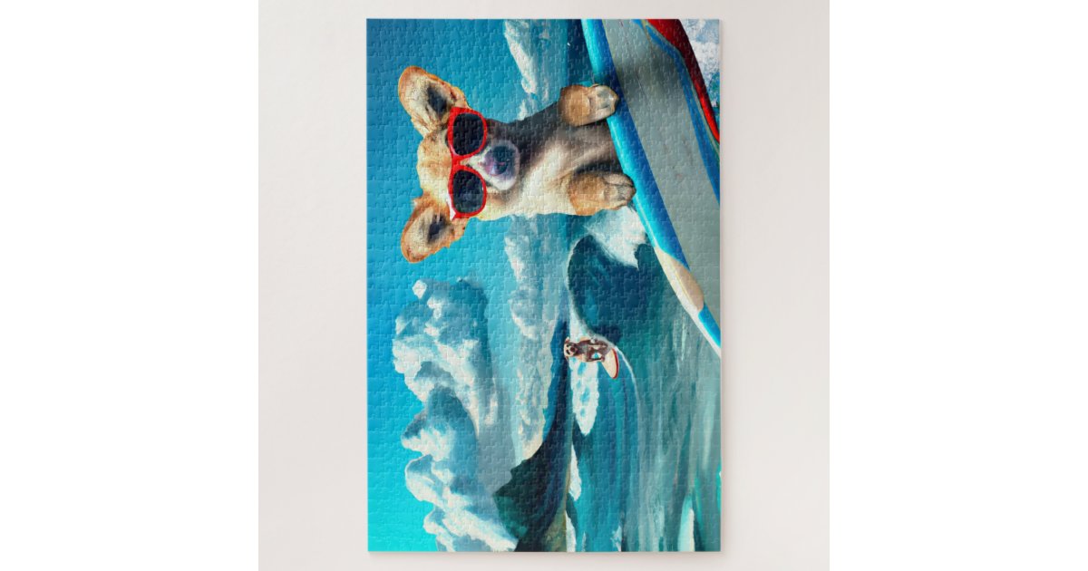 Dog on Surfboard Wearing Sunglasses AI Art Jigsaw Puzzle | Zazzle
