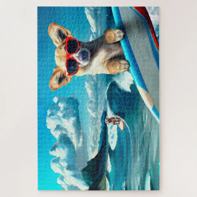 Dog on Surfboard Wearing Sunglasses AI Art Jigsaw Puzzle | Zazzle