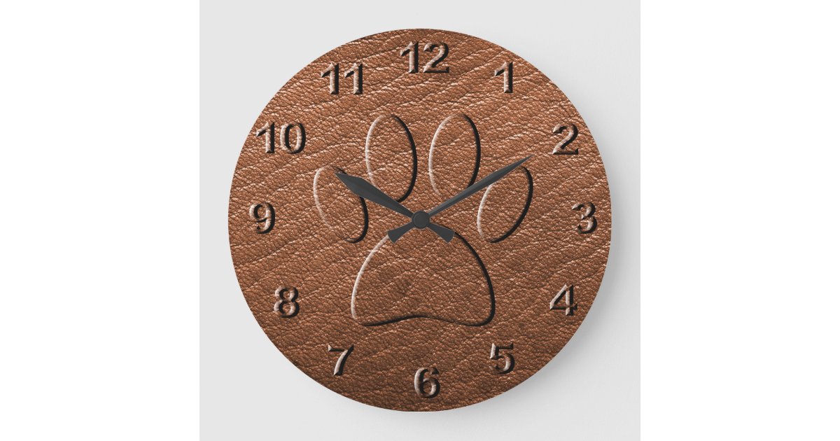 Dog Paw On Leather Print Large Clock | Zazzle